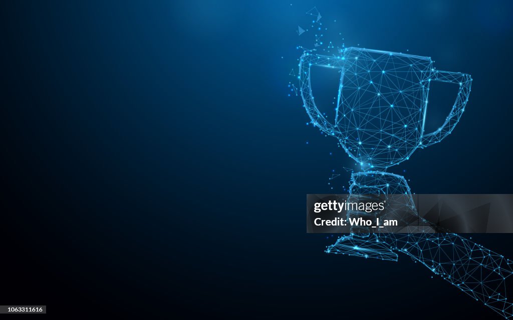 Hand Holding Trophy Cup Tophy Form Lines Triangles And Particle Style