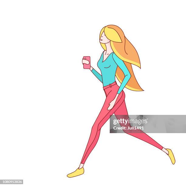 Happy Young Redheaded Girl Runs And Holds Her Smartphone In Her Hand Vector Illustration On