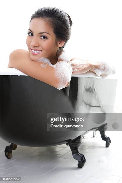 Attractive Brunette Young Woman Taking Bubble Bath Copy Space Photos