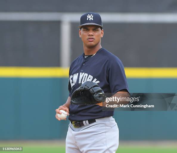Albert Abreu Of The New York Yankees Looks On During The Spring News