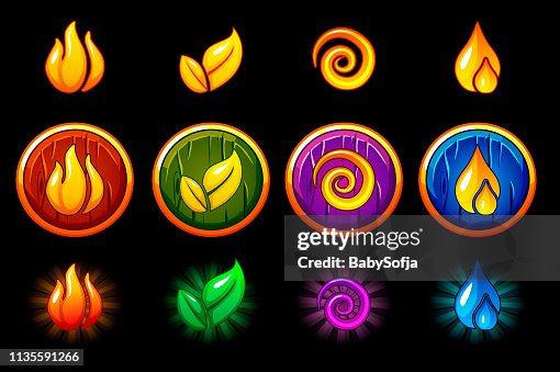 Four Elements Nature Icons Wooden Round Shield Set Wind Fire Water