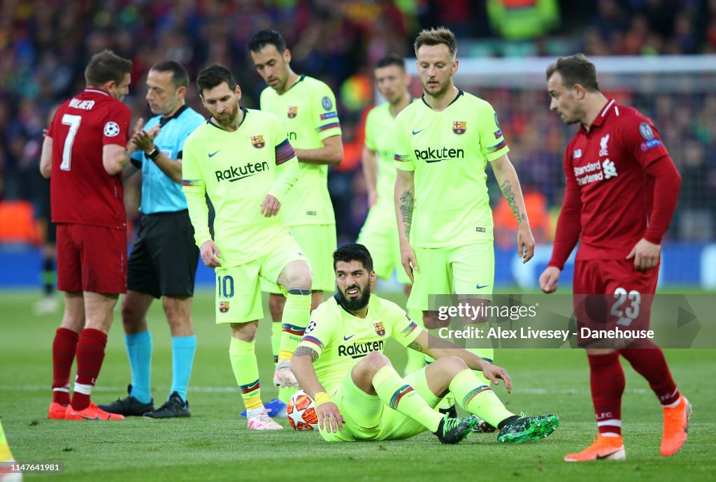 Luis Suarez Of Barcelona Looks On After Being Fouled During The Uefa