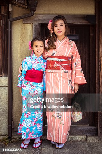 Mother And Daughter Dressed In Kimonos In Kyoto Japan High Res Stock