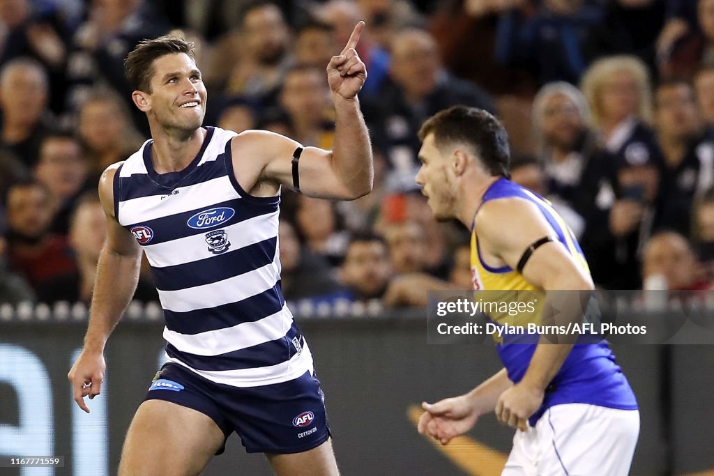 Tom Hawkins Of The Cats Celebrates A Goal During The 2019 Afl First