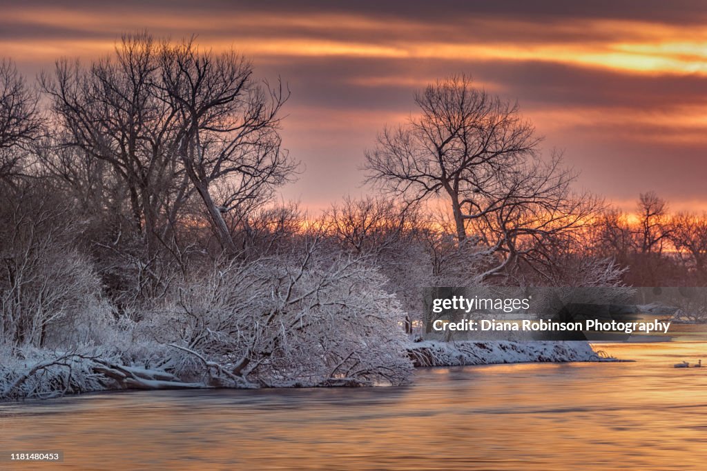 Sunrise Over The Platte River After A Snowstorm Near Kearney Nebraska