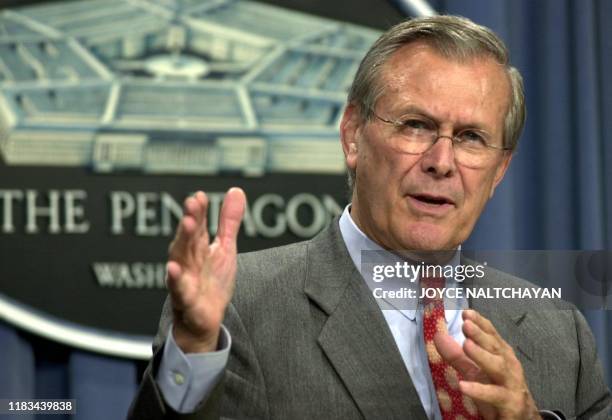 Secretary Of Defense Donald Rumsfeld Speaks At The Pentagon Photos And