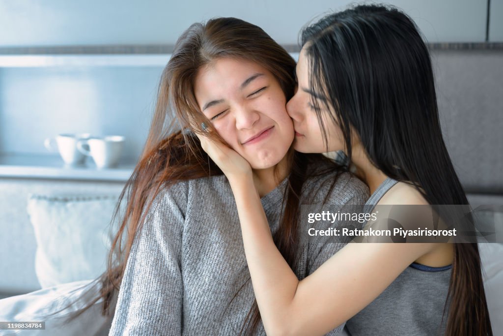 Beautiful Young Asian Women Lgbt Lesbian Happy Couple Hugging And
