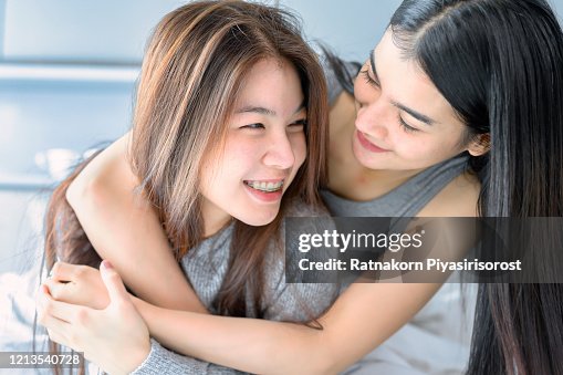 Beautiful Young Asian Women Lgbt Lesbian Happy Couple Hugging And