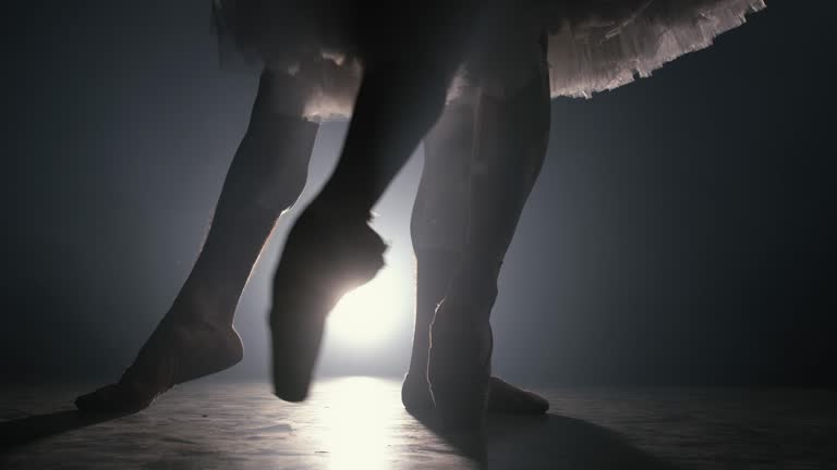 Close Up Of Ballet Couple Of Dancers As They Practices Exercises On
