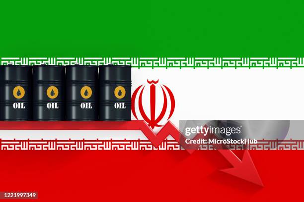 Oil Barrels Sitting Over Red Arrow That is Moving Down on Iranian Flag ...
