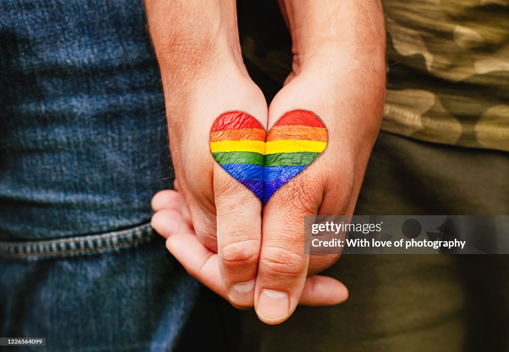 Rainbow Heart Drawing On Hands Lgbtq Love Symbol Gay Couple Hand In