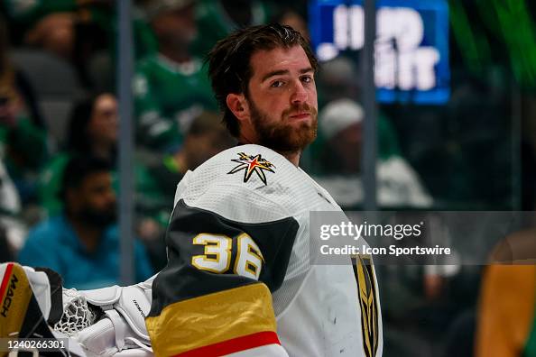Vegas Golden Knights goaltender Logan Thompson waits for play to ... Vegas Golden Knights goaltender Logan Thompson waits for play to ...