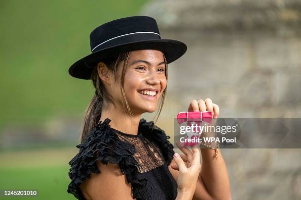 Tennis player Emma Raducanu after she was made a MBE by King Charles ... Tennis player Emma Raducanu after she was made a MBE by King Charles ...