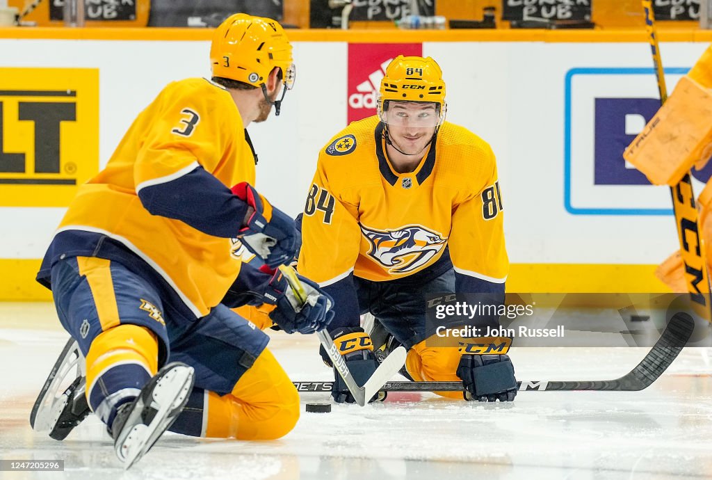 Tanner Jeannot And Jeremy Lauzon Of The Nashville Predators Stretch