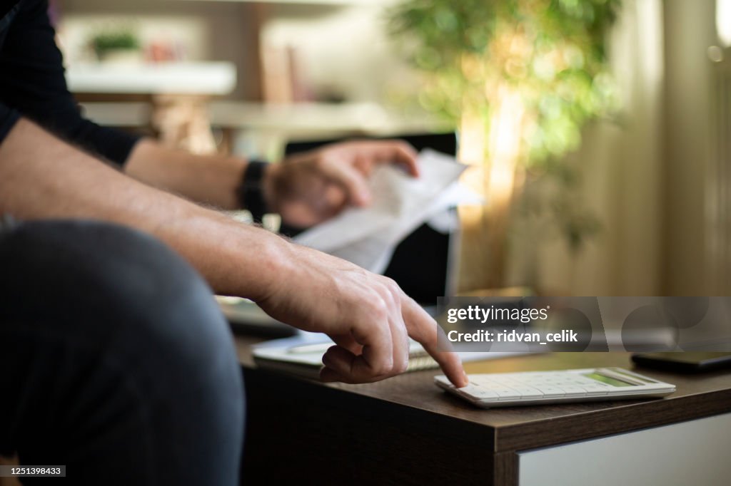 Stressed Businessman Calculate Bills Worried About Bankruptcy Financial