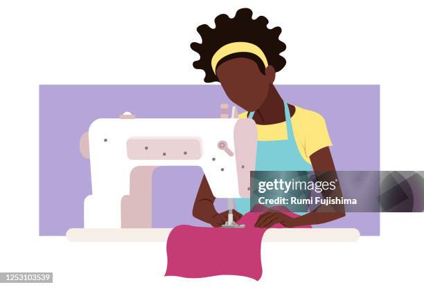 African Ethnicity Woman Sewing Machine High Res Illustrations Getty