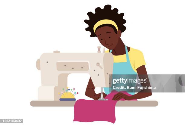African Ethnicity Woman Sewing Machine High Res Illustrations Getty
