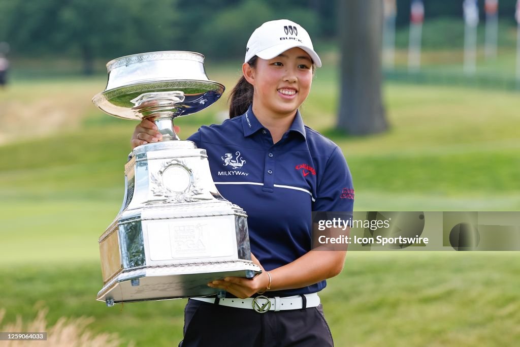 Ruoning Yin Of China Poses With The Kpmg Pga Trophy After Winning The