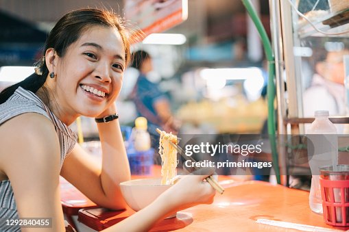 Young Local Asian People Happy Spending Time In Chinatown Yaowarat Bangkok Thailand She Eat Pad