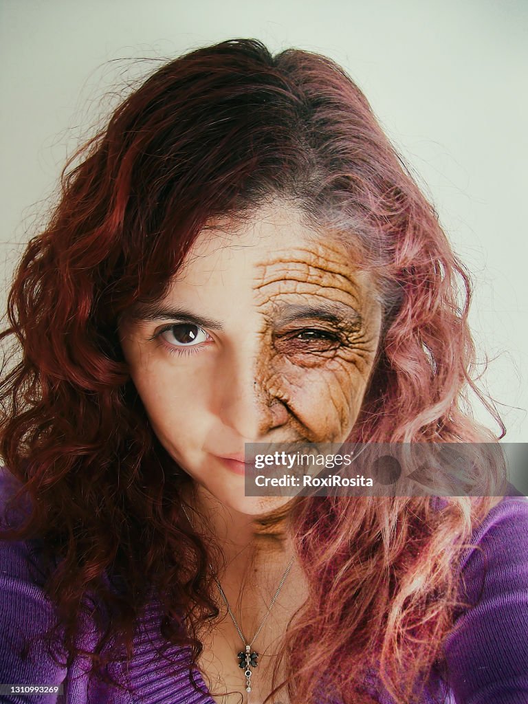 Surreal Portrait Half Young Woman And Half Old Woman Looking At The ... Surreal Portrait Half Young Woman And Half Old Woman Looking At The ...