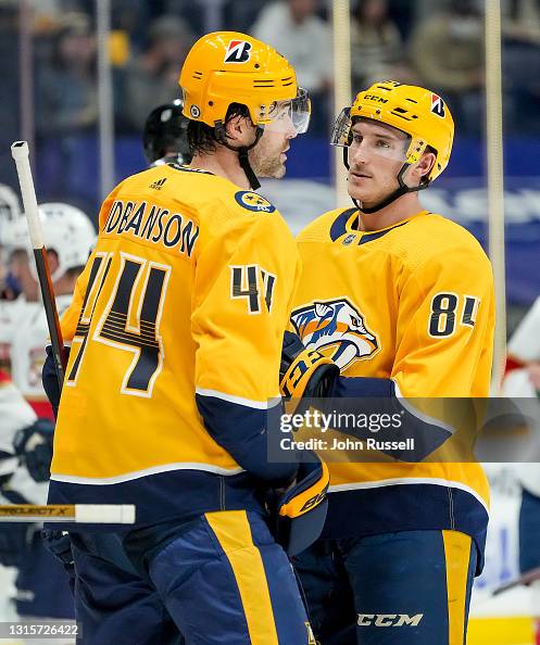 Tanner Jeannot And Erik Gudbranson Of The Nashville Predators Prepare