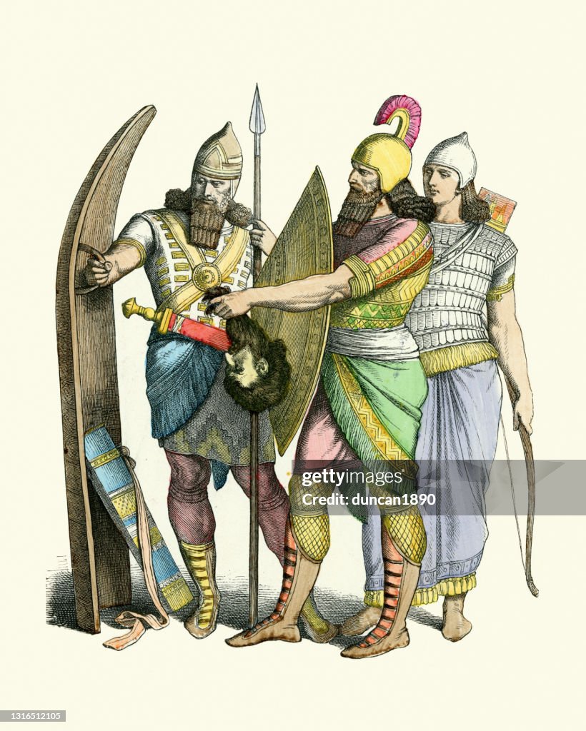 Assyrian Warriors With Shields Holding Severed Head Of Enemy History Of Fashion High Res Vector