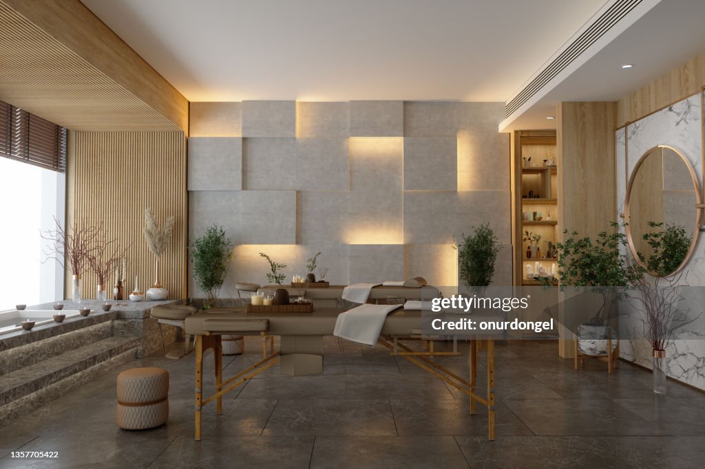 Luxury Spa Massage Room Interior With Massage Tables Hot Tub And Marble Floor High Res Stock