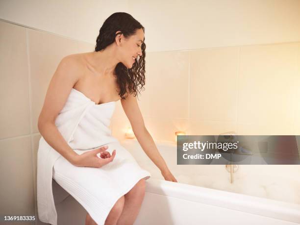 Attractive Brunette Young Woman Taking Bubble Bath Copy Space Photos