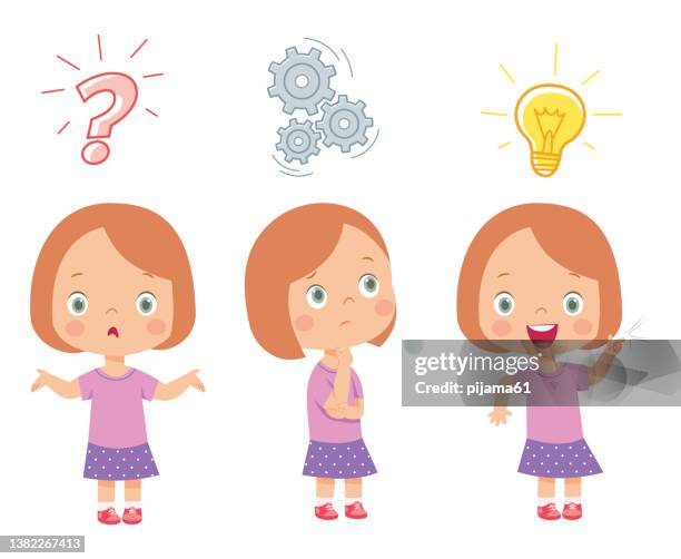 Linda Niña Pequeña Pensando Y Buscando Ideas Proceso Ilustración De