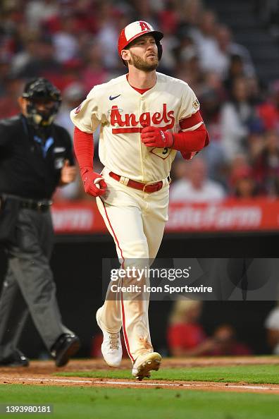 Los Angeles Angels left fielder Taylor Ward runs up the first base ... Los Angeles Angels left fielder Taylor Ward runs up the first base ...