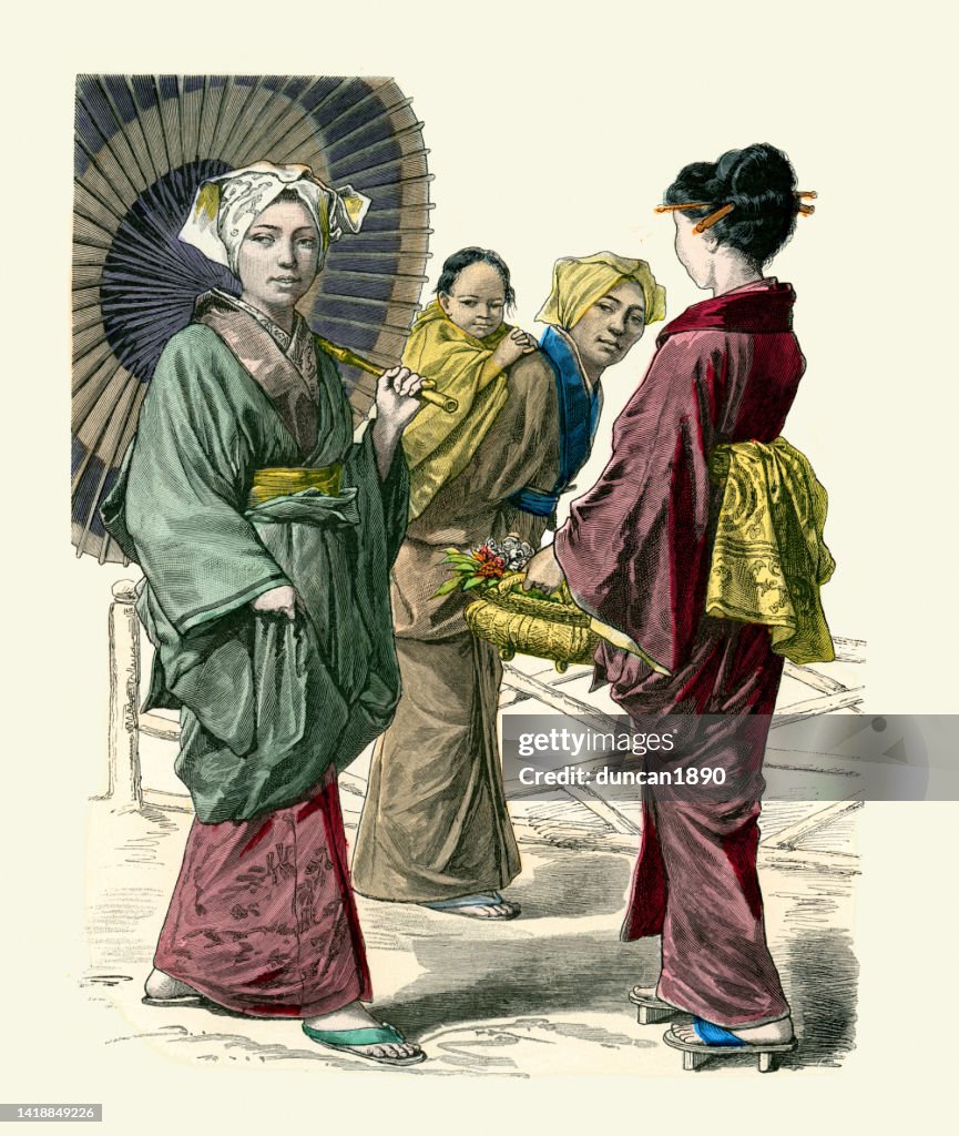 Traditional Costumes Of Japan Japanese Women Parasol Sandals Geta
