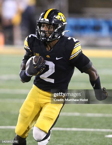 Running back Kaleb Johnson of the Iowa Hawkeyes runs up the field for ... Running back Kaleb Johnson of the Iowa Hawkeyes runs up the field for ...