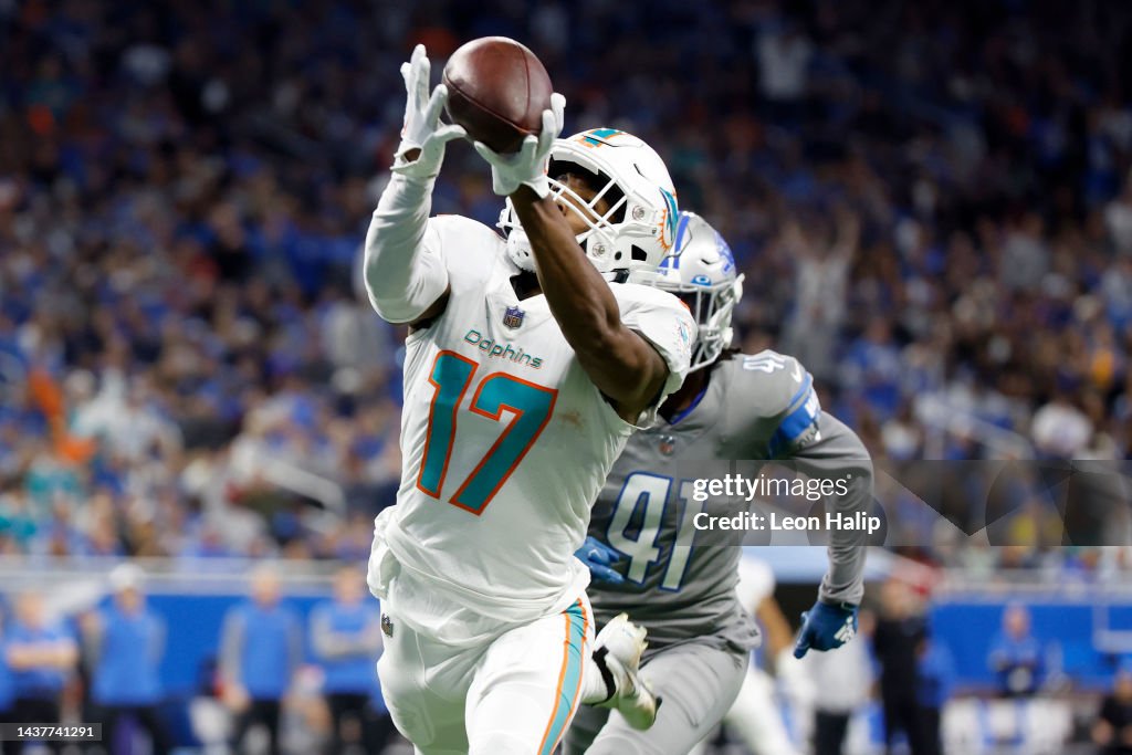 Jaylen Waddle Of The Miami Dolphins Catches A Pass For A Touchdown