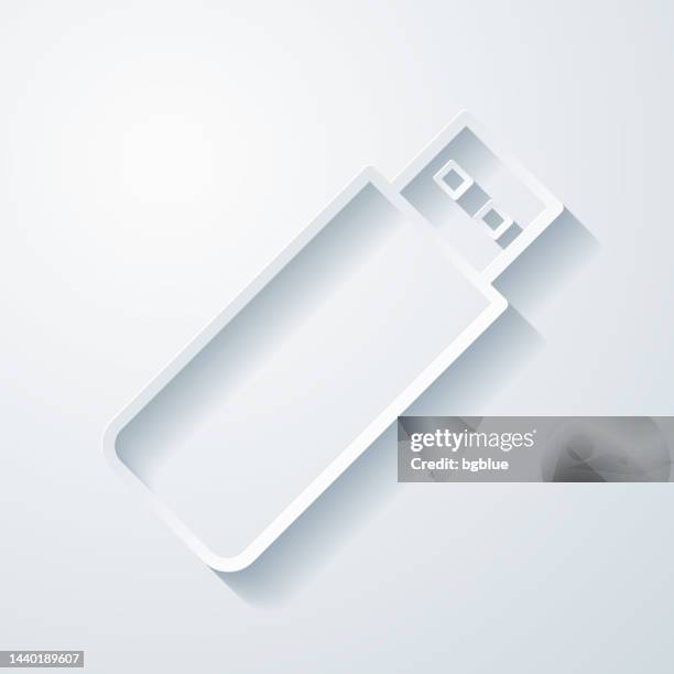 Usb Flash Drive Icon With Paper Cut Effect On Blank Background High Res