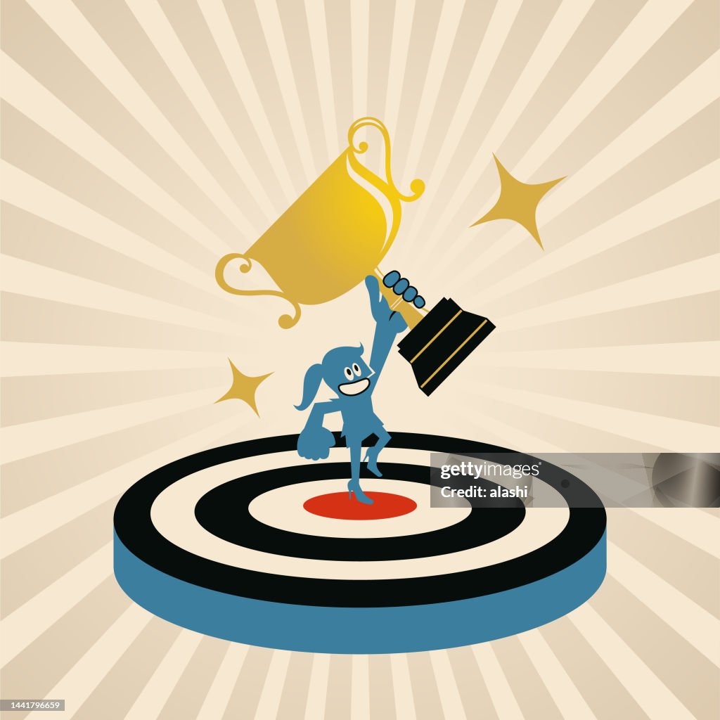 The Winning Female Captain Stands On A Big Dartboard And Holds The Trophy Aloft High Res Vector