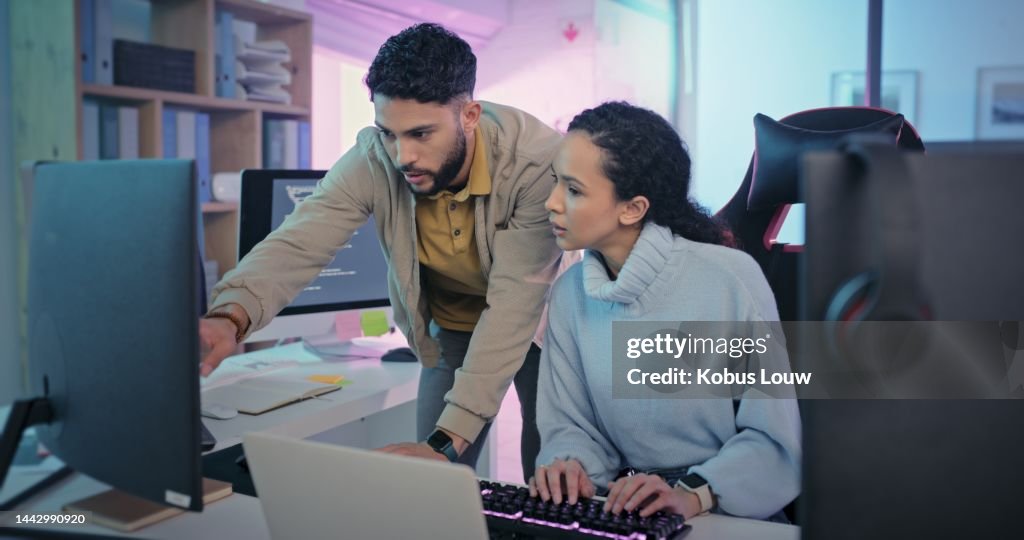 Programmer Computer And Software Coding Team Work On Database Website Or Cloud Computing