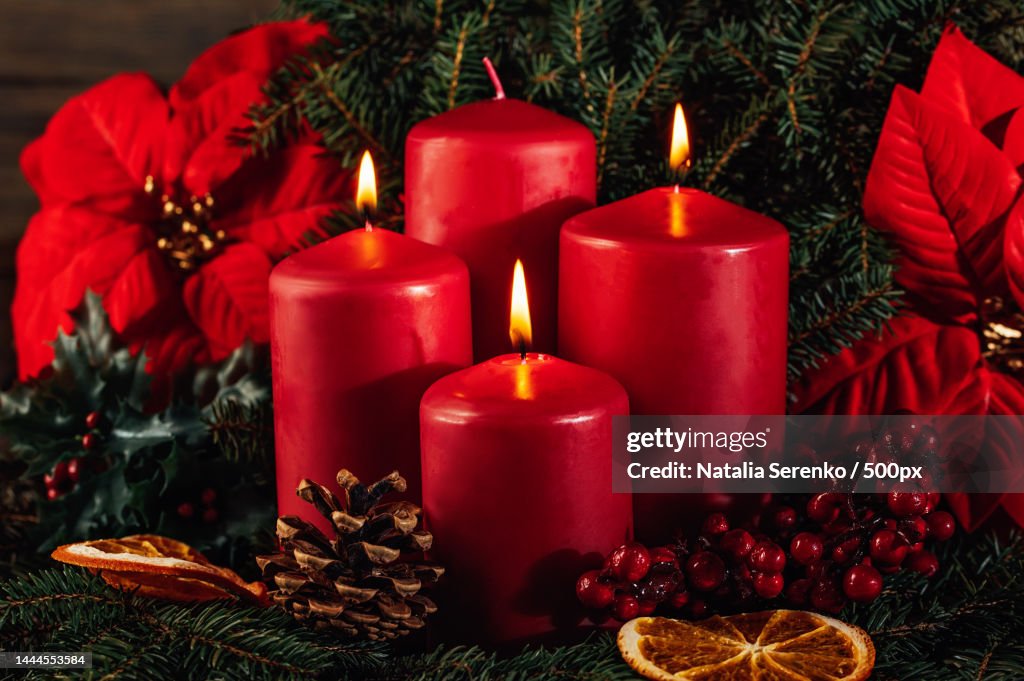 Three Burning Red Advent Candles In Advent Wreath Decoration On Wooden ... Three Burning Red Advent Candles In Advent Wreath Decoration On Wooden ...