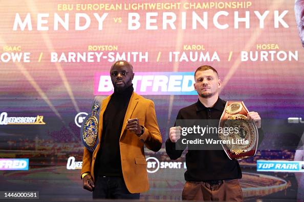 Yvan Mendy and Denys Berinchyk pose for a photo with their belts ... Yvan Mendy and Denys Berinchyk pose for a photo with their belts ...