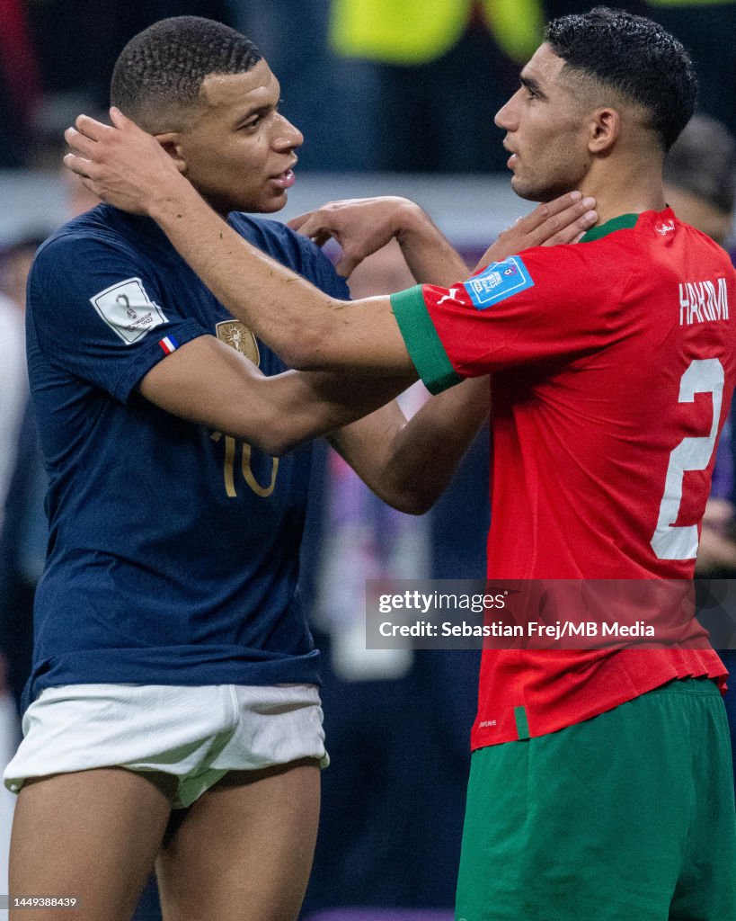 Kylian Mbappe Of France And Achraf Hakimi Of Morocco Hugs During The