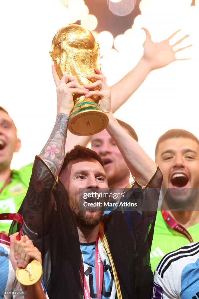 Lionel Messi Captain Of Argentina Lifts The Fifa World Cup Trophy
