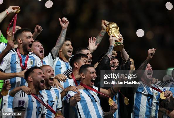 Lionel Messi Of Argentina Lifts The Fifa World Cup Trophy After The