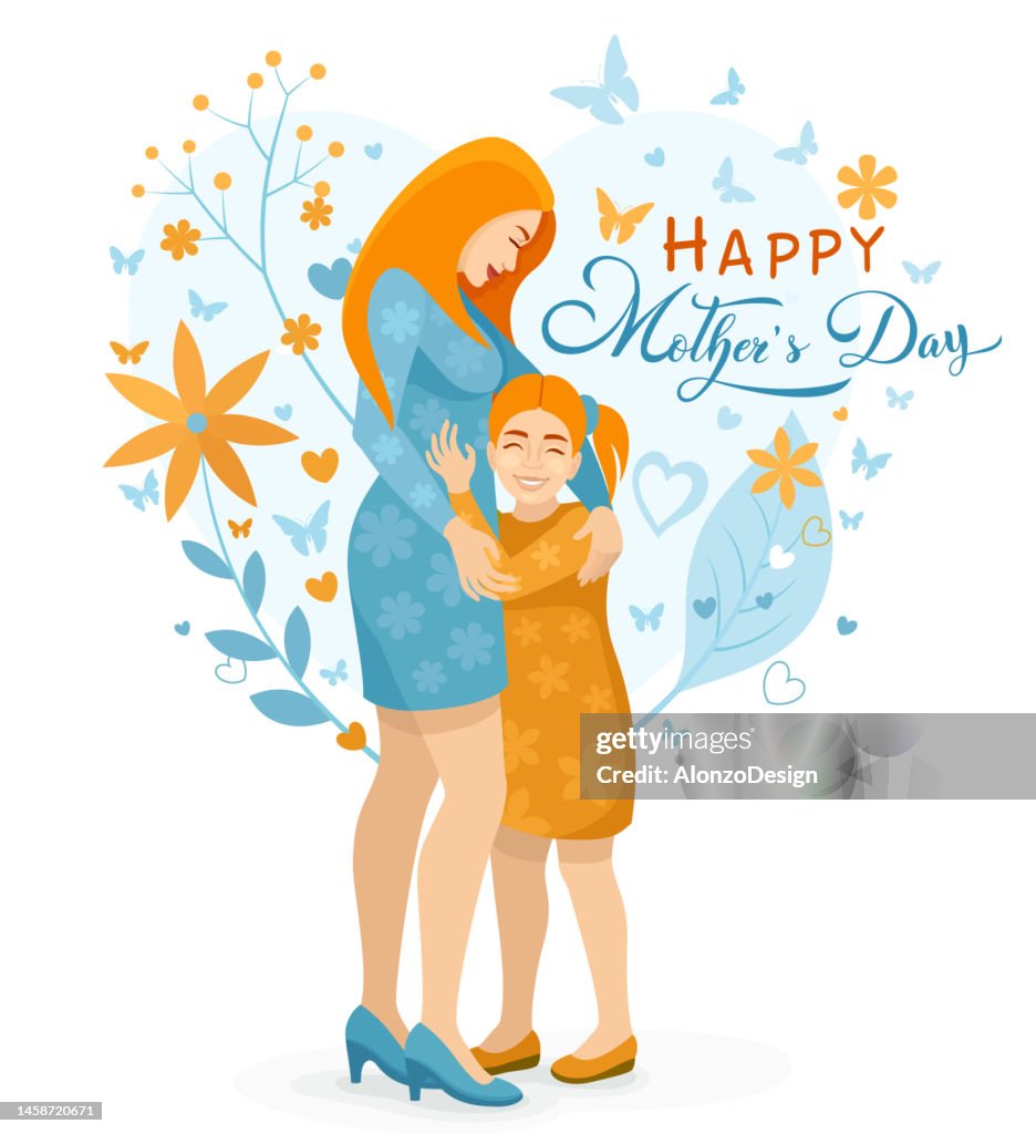 Happy Mothers Day Mother Hug Her Daughter Moms Love High Res Vector