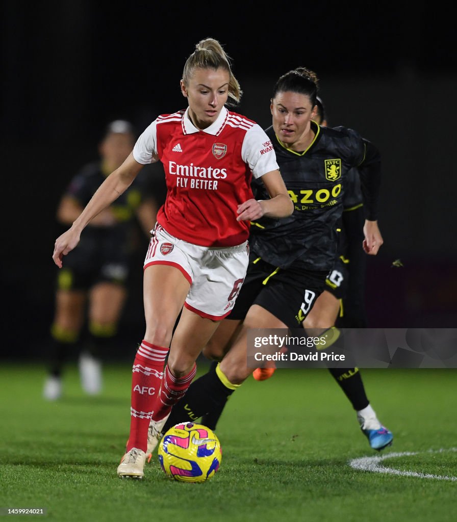 Leah Williamson Of Arsenal Takes On Emily Gielnik Of Villa During The