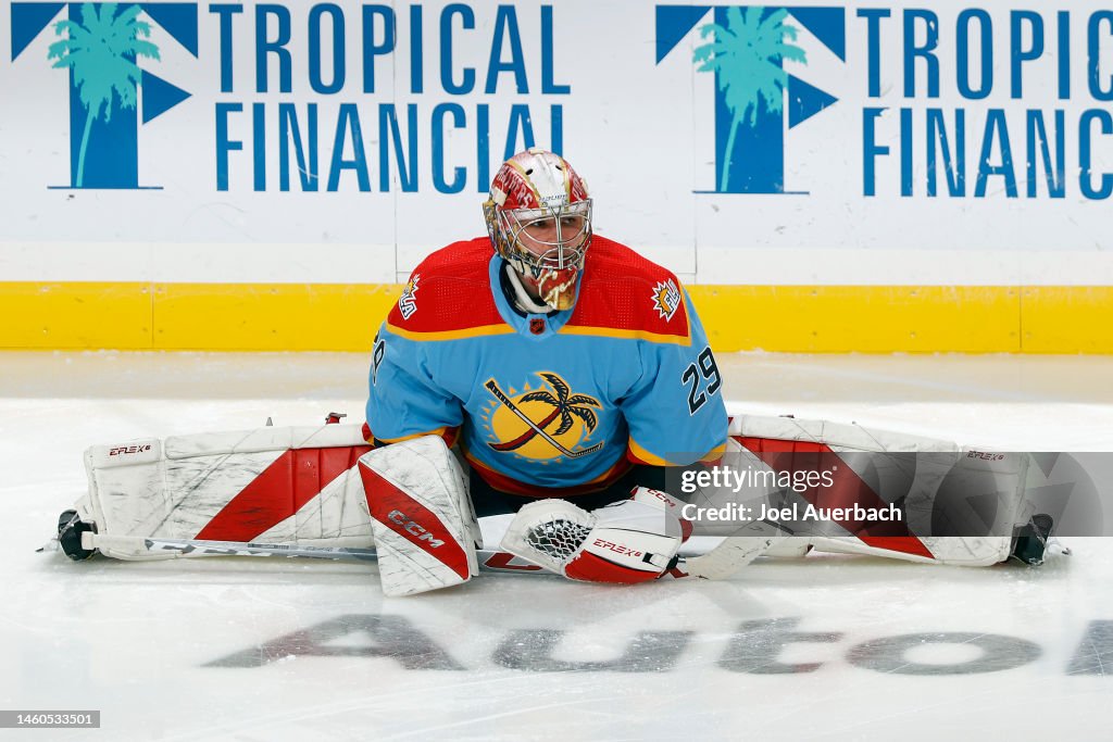 Goaltender Max Guzda of the Florida Panthers stretches prior to the ... Goaltender Max Guzda of the Florida Panthers stretches prior to the ...