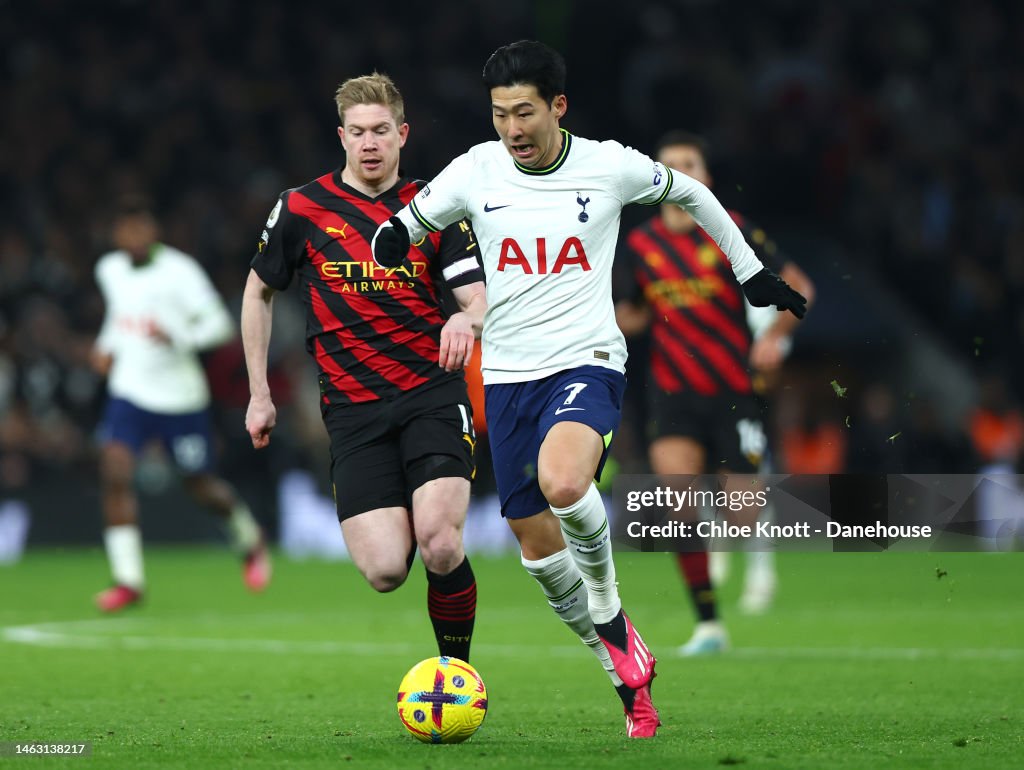 Heung Min Son Of Tottenham Hotspur And Kevin De Bruyne Of Manchester