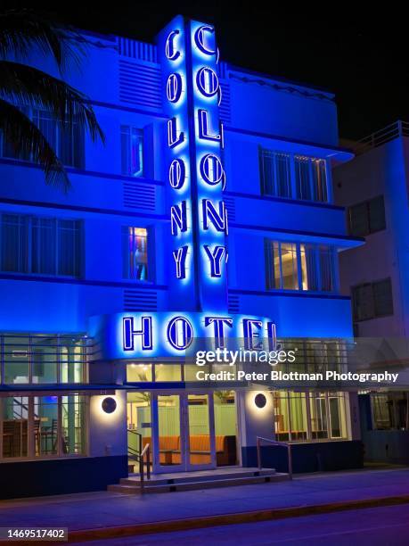 The famous Colony hotel art deco design on Ocean drive in Miami Beach ...