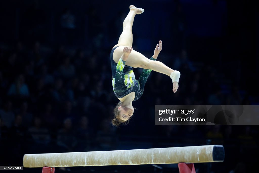 Emma Slevin Of Ireland Performs Her Balance Beam Routine During News