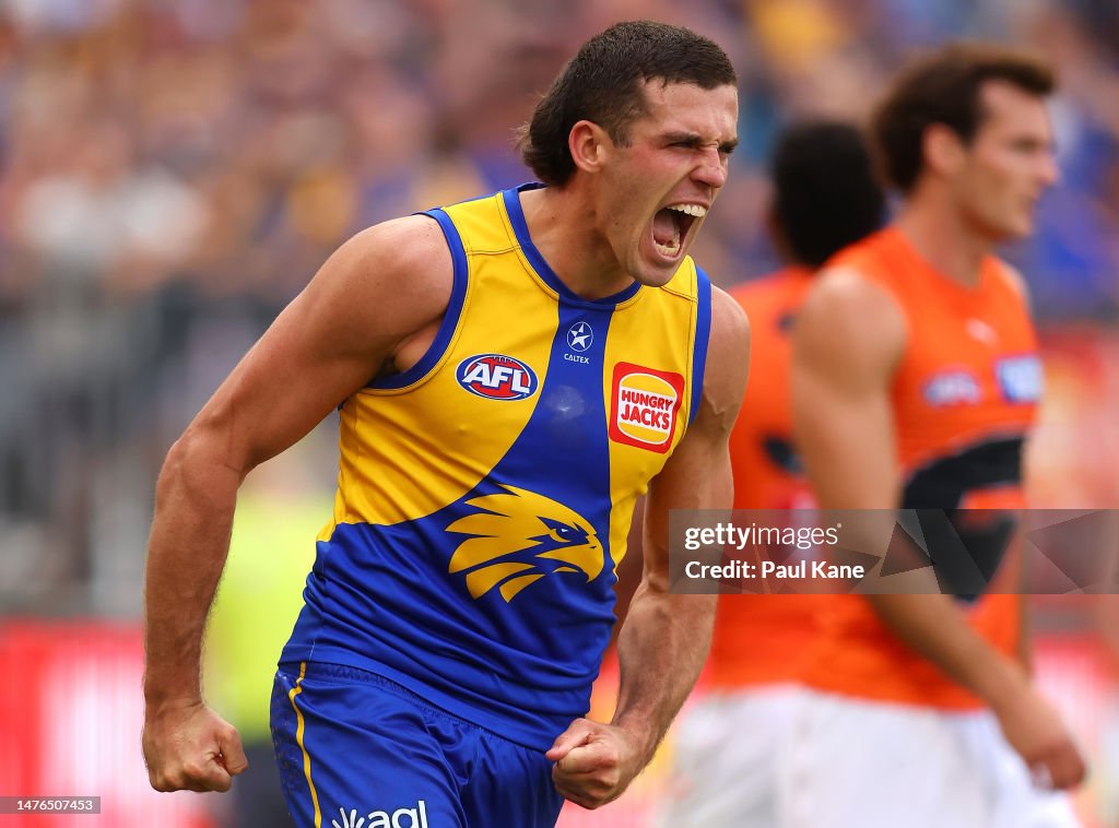 Jake Waterman Of The Eagles Celebrates A Goal During The Round Two