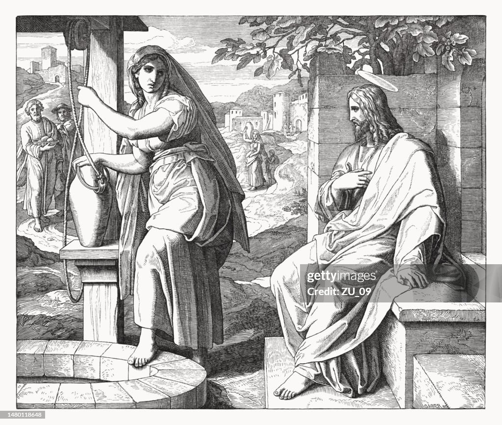 Jesus And The Samaritan Woman Woodcut Published 1860 High Res Vector