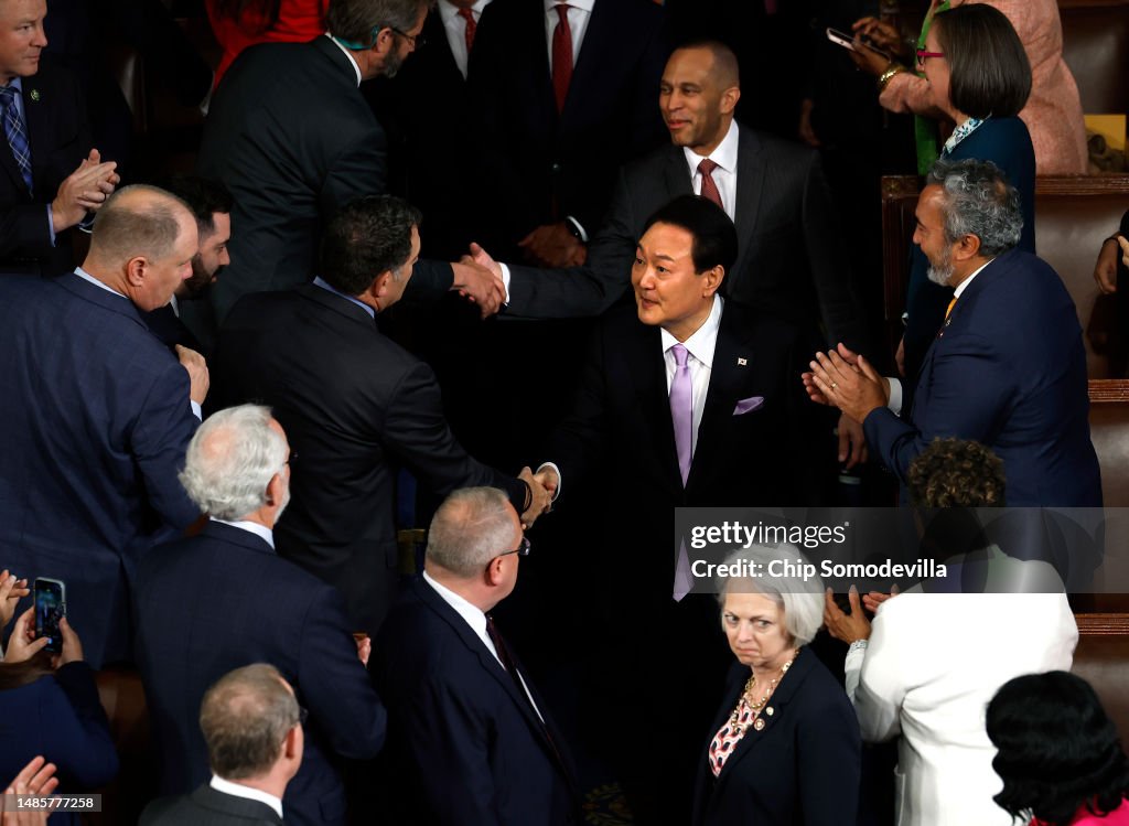 South Korean President Yoon Suk Yeol Greets Members Of Congress As He